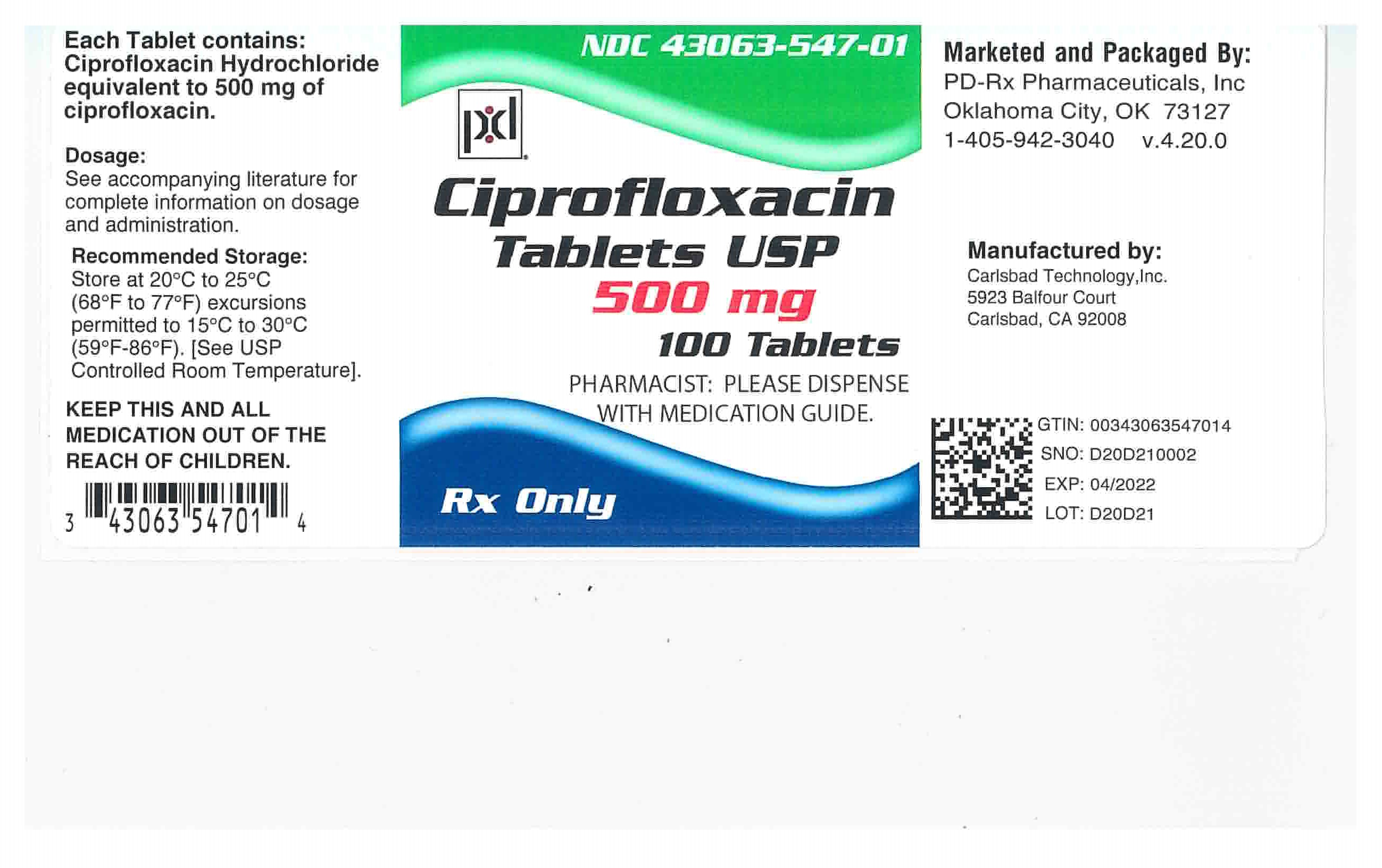 NDC 43063-0547-20 Ciprofloxacin 500 mg/1 Details | HelloPharmacist