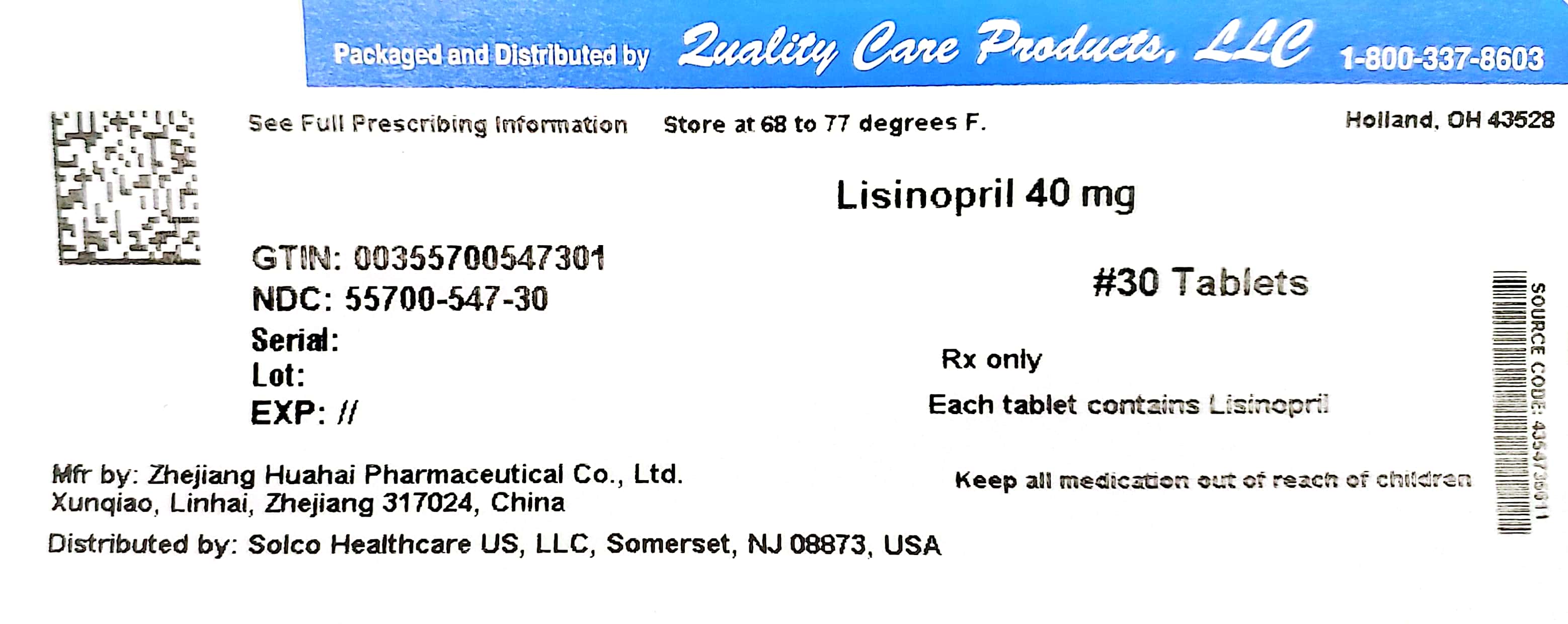 NDC 55700-0547-90 LISINOPRIL 40 mg/1 Details | HelloPharmacist